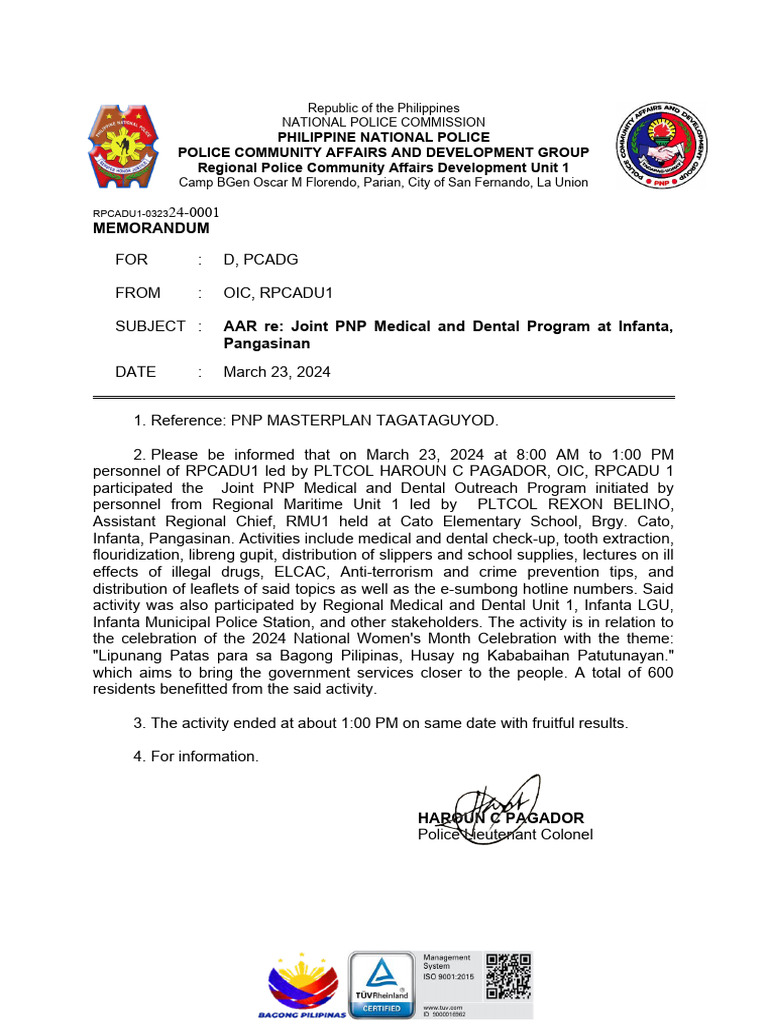 AAR Re Joint PNP Medical and Dental Program at Infanta Pangasinan | PDF
