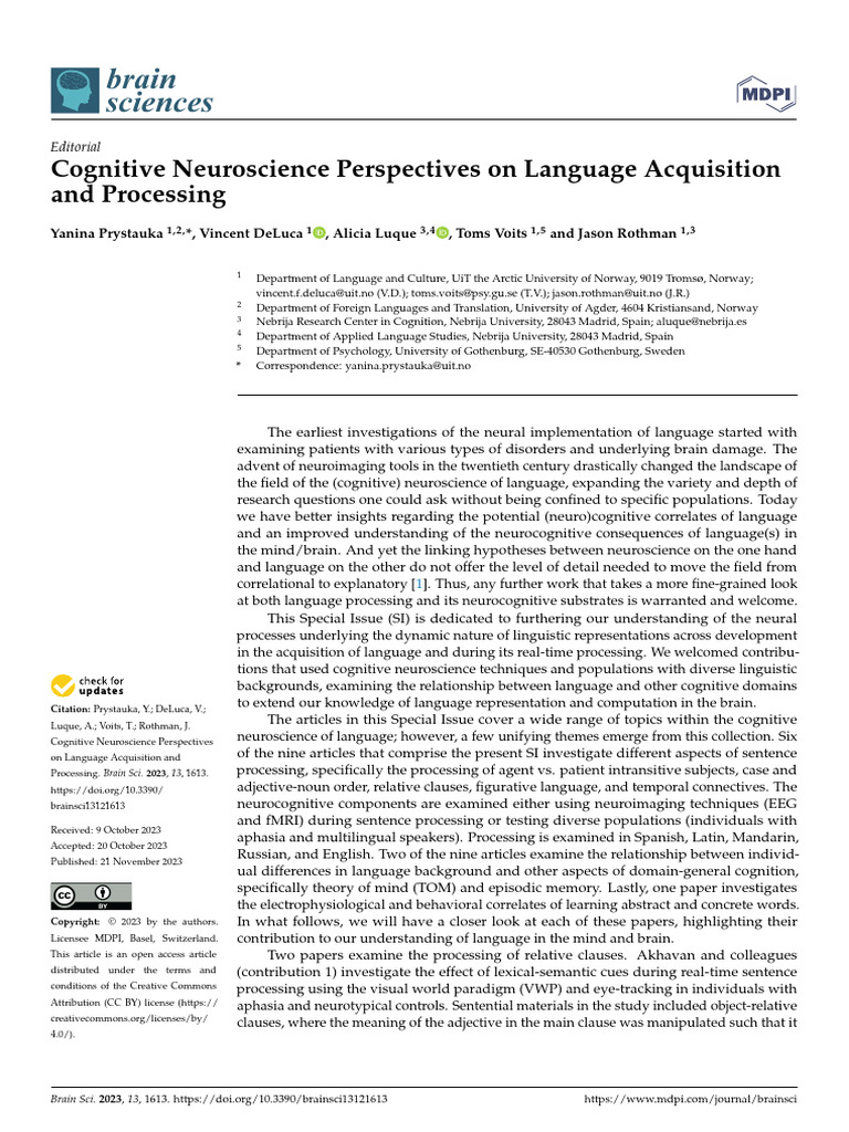 Cognitive Neuroscience Perspectives On Language Ac | PDF