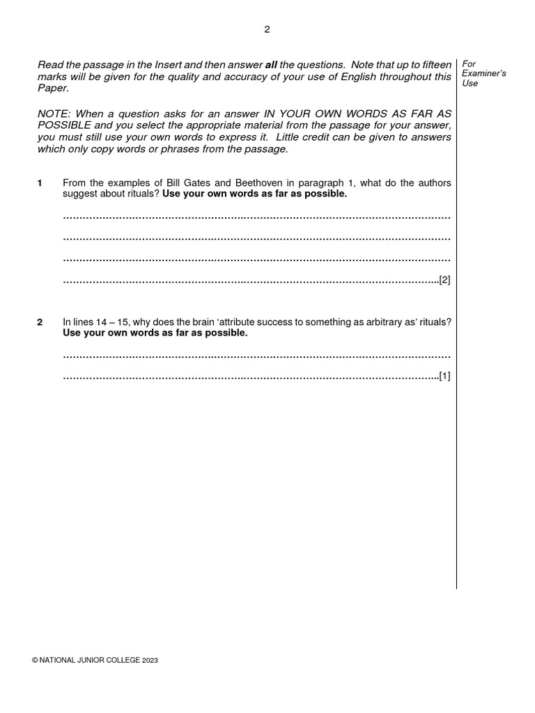 2023 NJC H1 General Paper Prelim P2 Answer Booklet | PDF