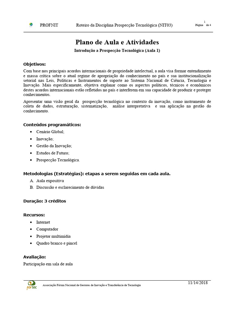 Plano de Aula 1 | Download grátis PDF | Inovação | Brasil