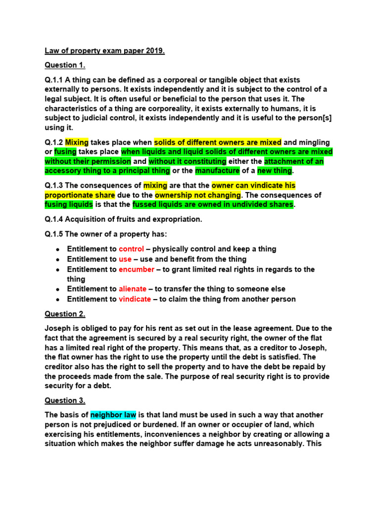 2019 Law of Property Exam Paper | PDF | Lien | Property