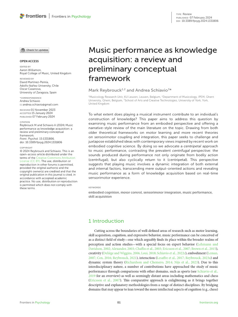 Music Performance As Knowledge Acquisition: A Review and Preliminary ...
