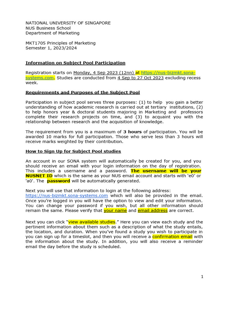 MKT1705 Subject Pool | PDF