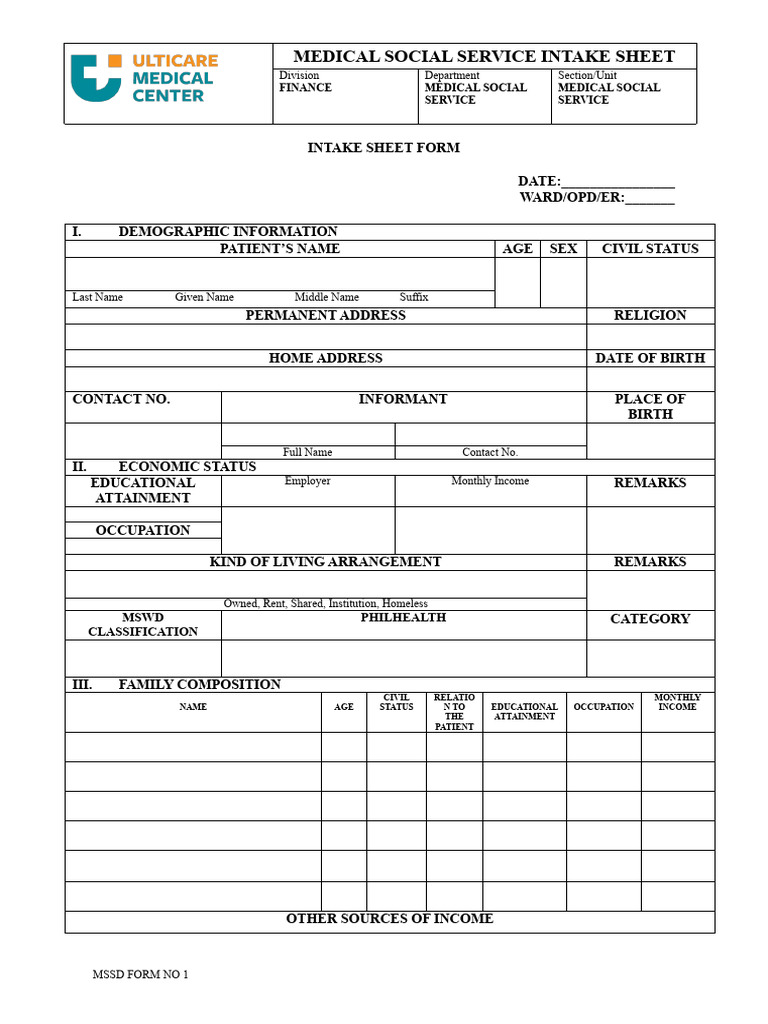 MSSD Intake Sheet Form | PDF