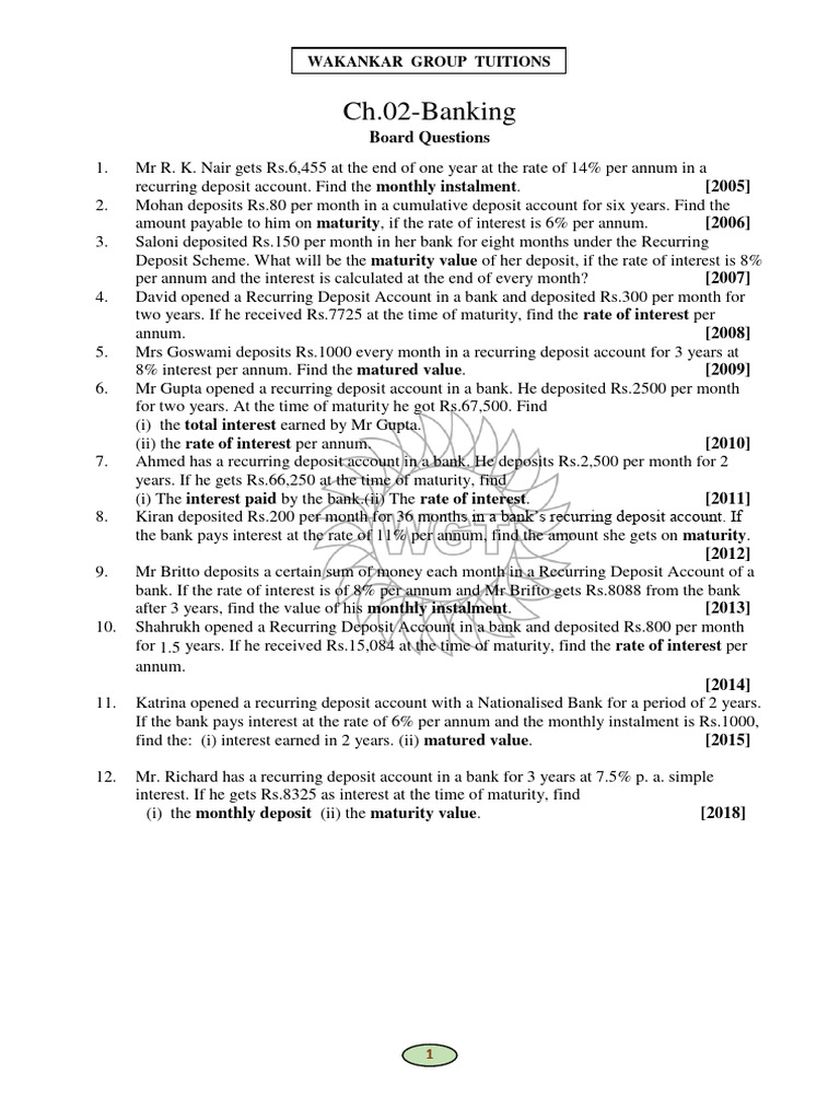 10 I.c.s.e.ch.2 Banking - Board Problems 2024 25 | PDF | Interest | Banks
