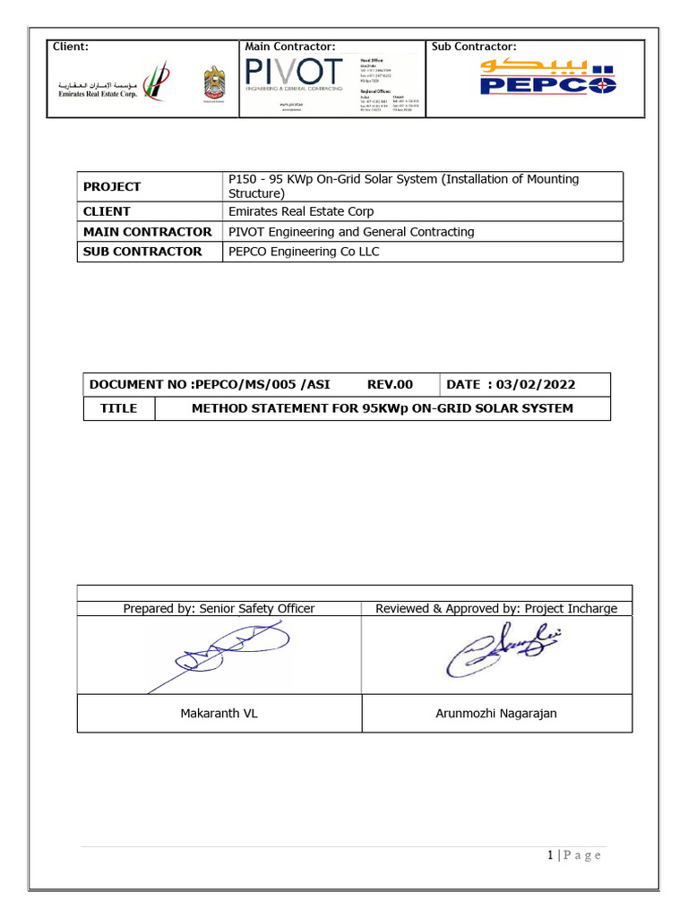 Pivot 150 Project - Method Statement | PDF | Solar Panel | Roof