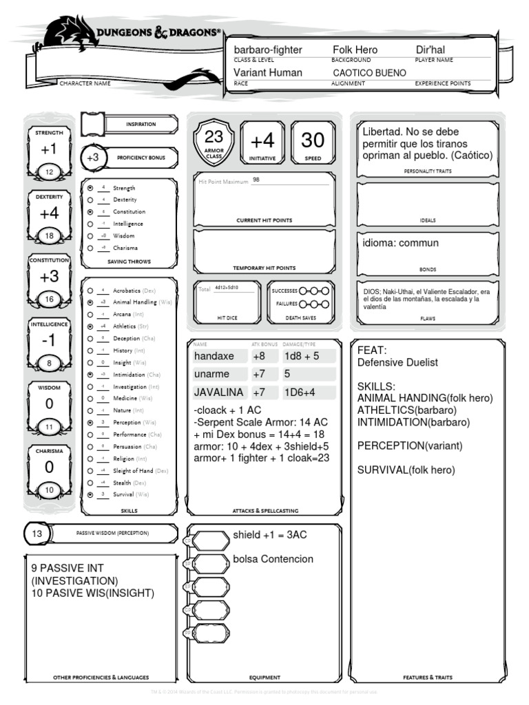 D&D Character Sheet Template | PDF | Role Playing Video Games | Role ...