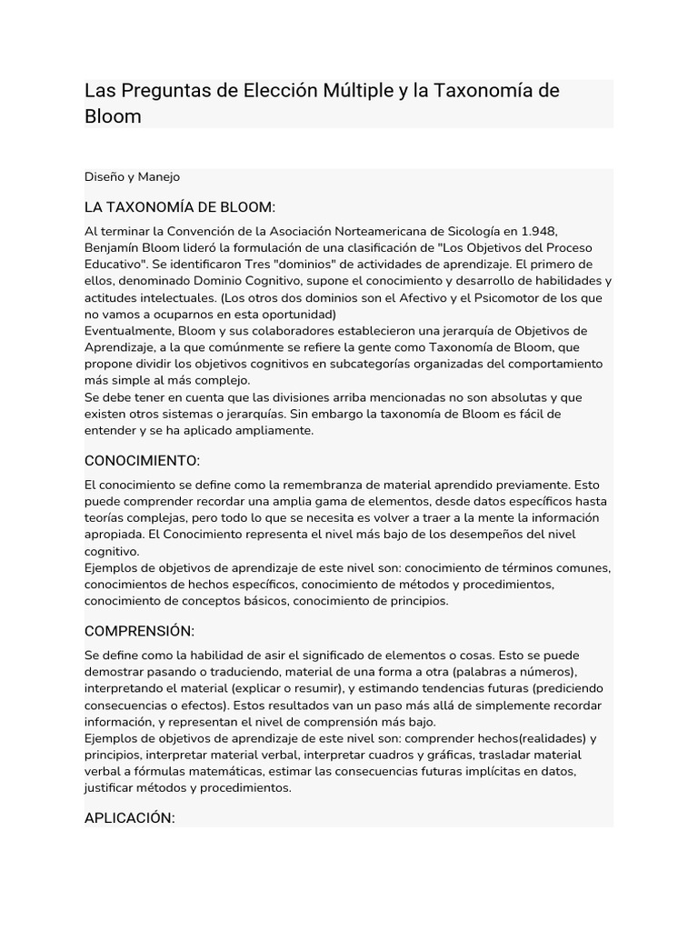 Las Preguntas de Elección Múltiple y La Taxonomía de Bloom | PDF ...