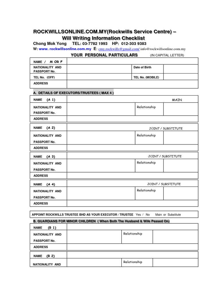 Will Writing Information Checklist | Download Free PDF | Probate | Will ...
