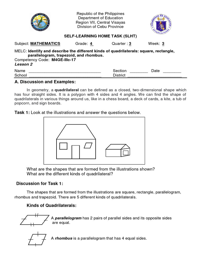 Math4, SLHT, Q3, WK 3 M4GE IIIc 17 | PDF | Rectangle | Geometric Shapes