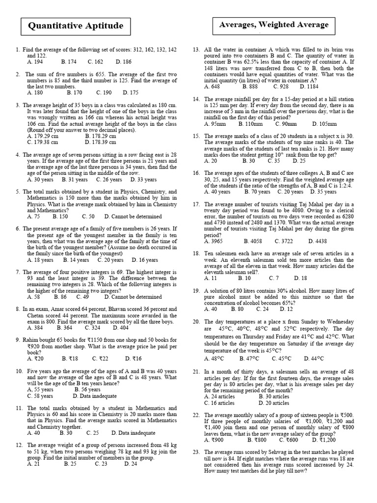 Averages, Weighted Averages Test | PDF | Ratio | Concentration