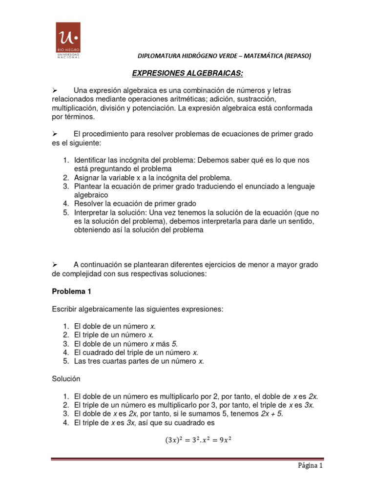Expresiones y Ejercicios Matematica Hidro Unrn | PDF | Números | Ecuaciones