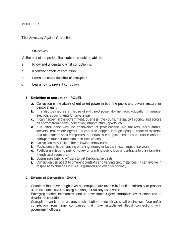 MODULE 7 Advocacy Against Corruption | PDF | Corruption | Political Corruption