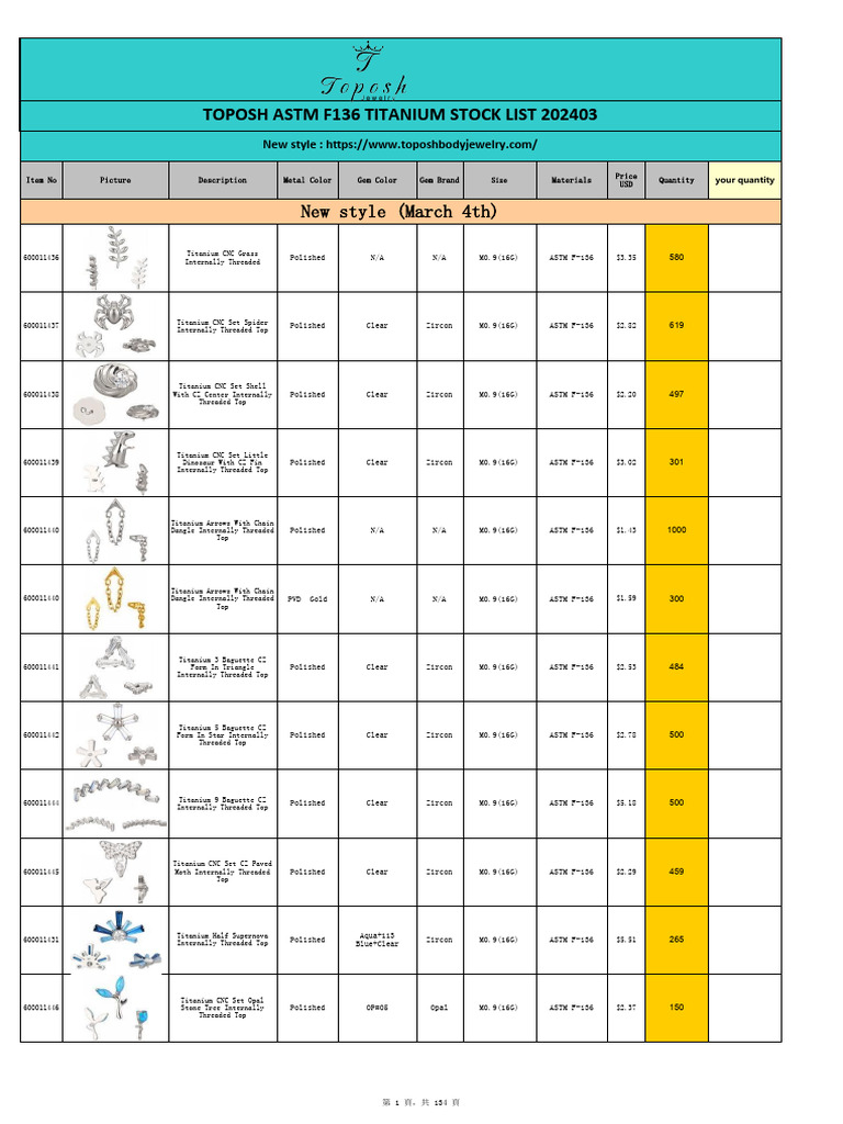 Toposh ASTM F136 Titanium Stock 2024 - MOQ 10 | PDF | Minerals | Gemstone