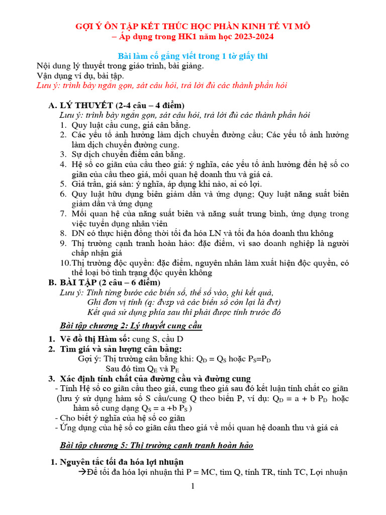 2023 - On Tap Noi Dung Ket Thuc Mon Kinh Te Vi Mo HK1 NH 2023-2024 | PDF