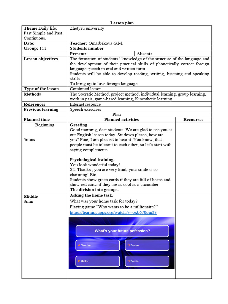 Lesson Plan | PDF | Verb | Grammatical Tense