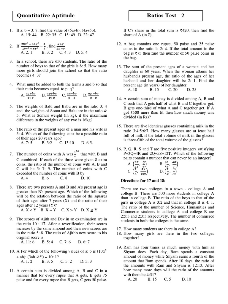 Ratios Test - 2 | PDF | Rupee | Ratio