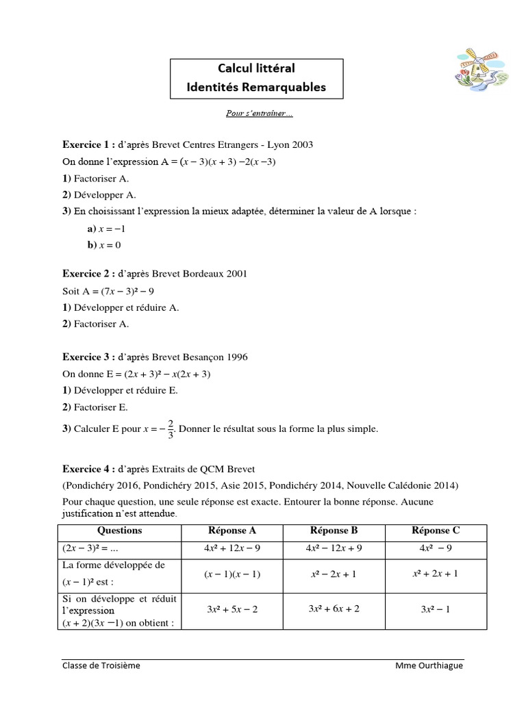 Exercices Brevet - Calcul Littéral-Identités Remarquables | PDF ... Exercices Brevet - Calcul Littéral-Identités Remarquables | PDF ...