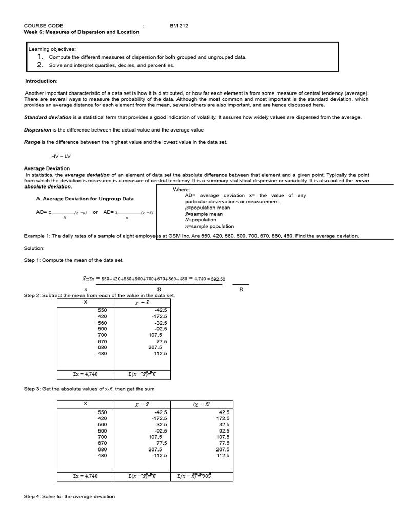 BM 1 Week 6 | PDF | Standard Deviation | Mean