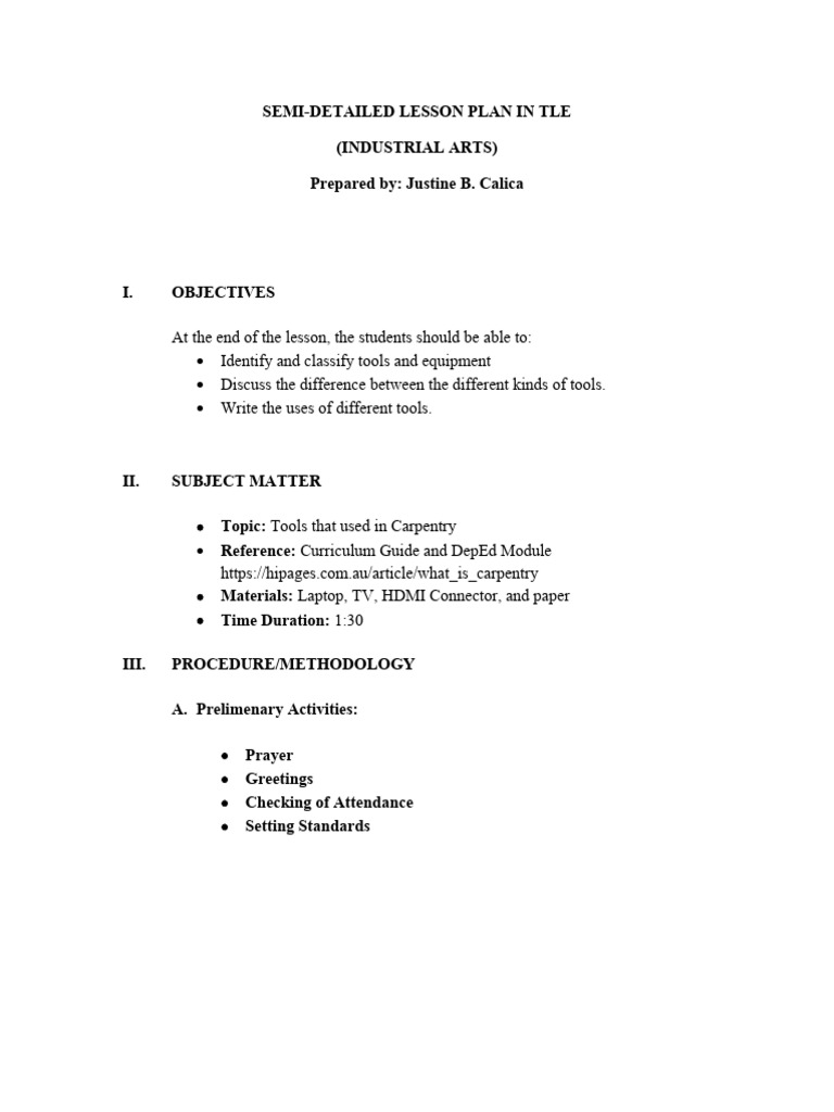 Carpentry Tools Lesson Plan | PDF | Drill | Tools