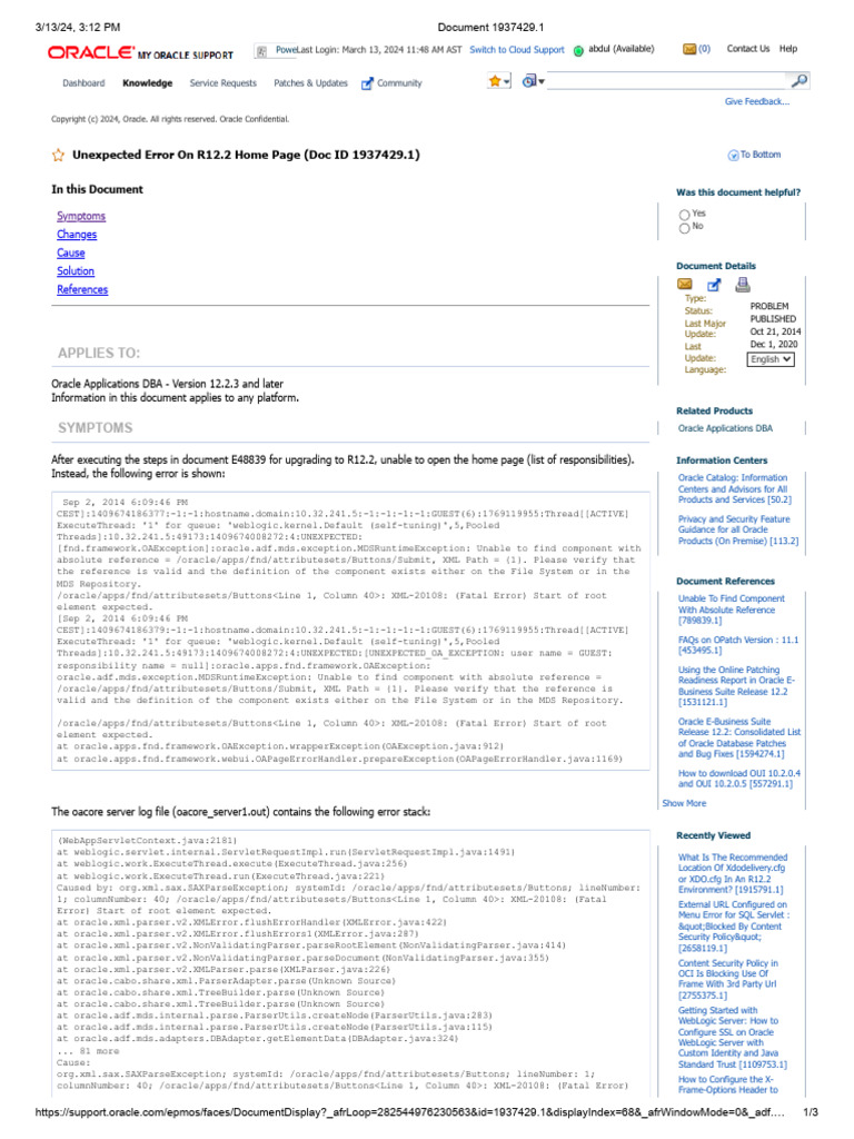 Unexpected Error On R12.2 Home Page (Doc ID 1937429.1) | PDF | Java (Programming Language ...