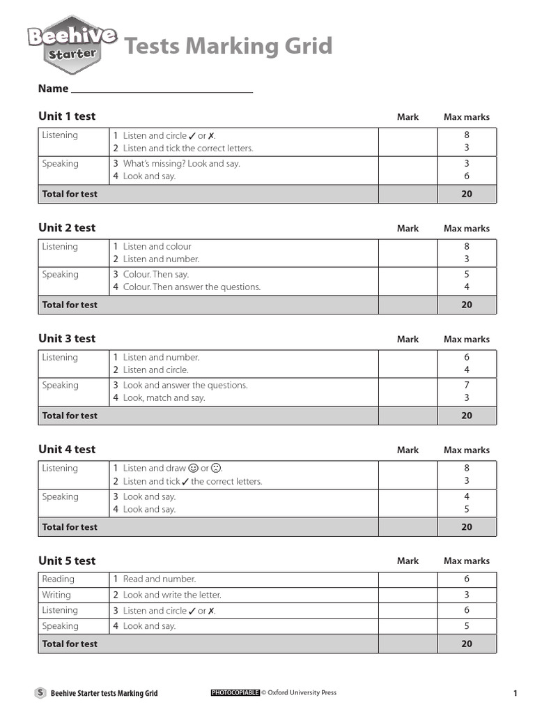 BeehiveSt Tests Marking Grid | PDF