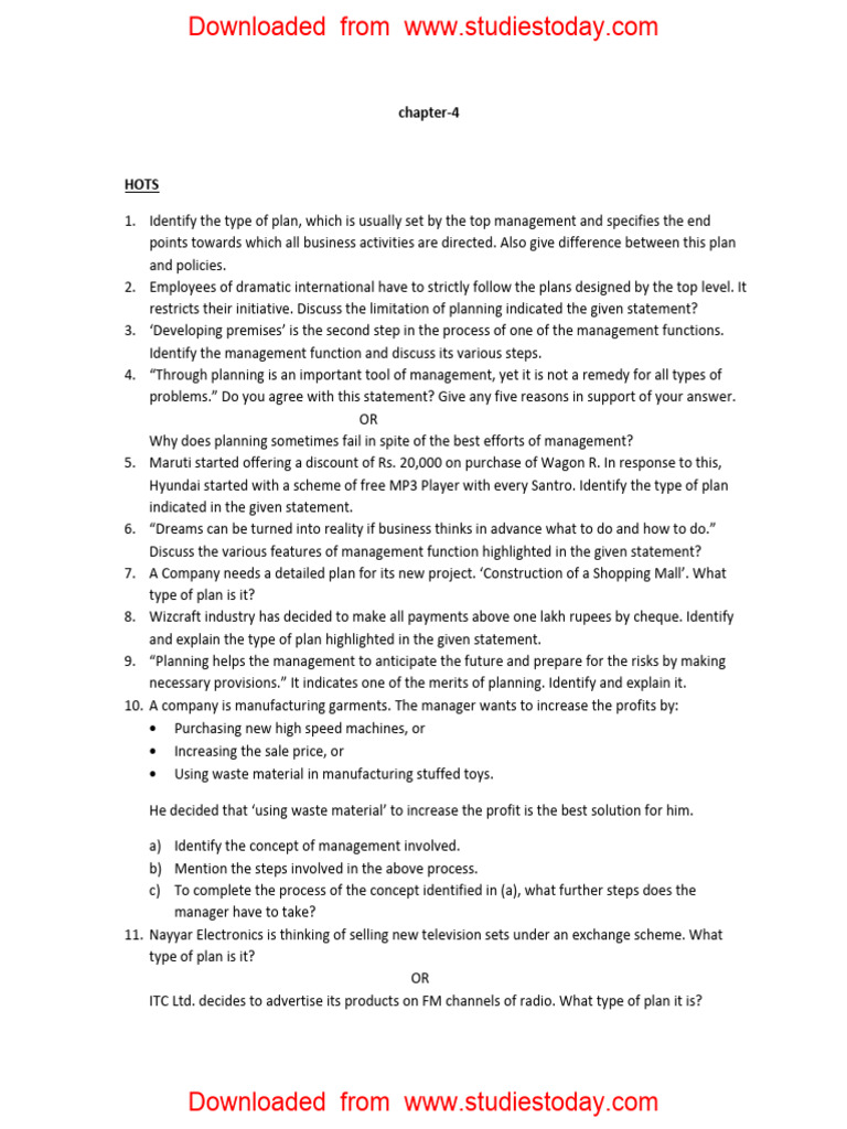 CBSE Class 12 Business Studies Worksheet - Planning | PDF | Disciplines ...