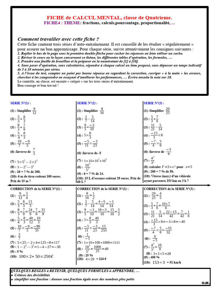 Fiche Calcul Mental 4ème | PDF