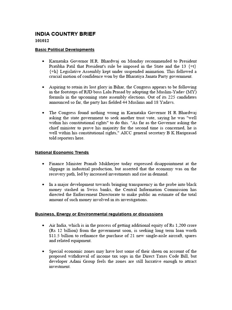 India Country Brief 101012 | PDF | Politics