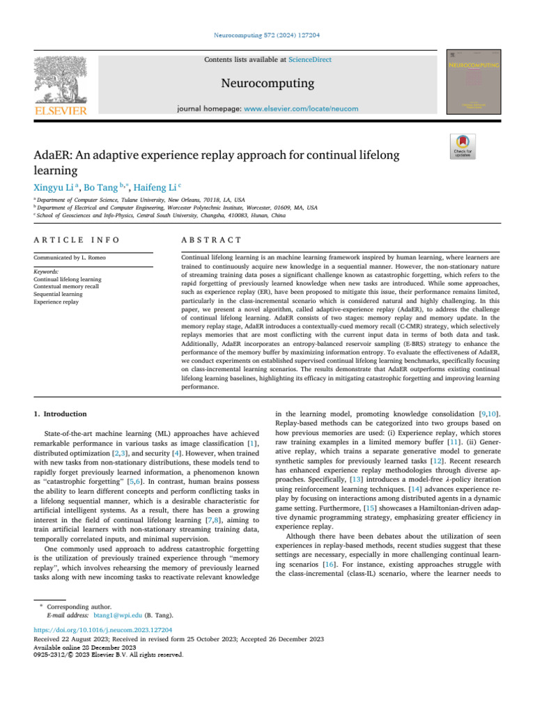 AdaER - An Adaptive Experience Replay Approach For Continual Lifelong Learning | Download Free ...