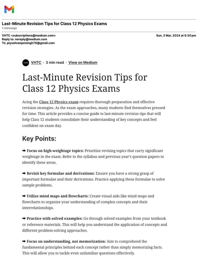 Last-Minute Revision Tips for Class 12 Physics Exams | PDF | Concept | Physics