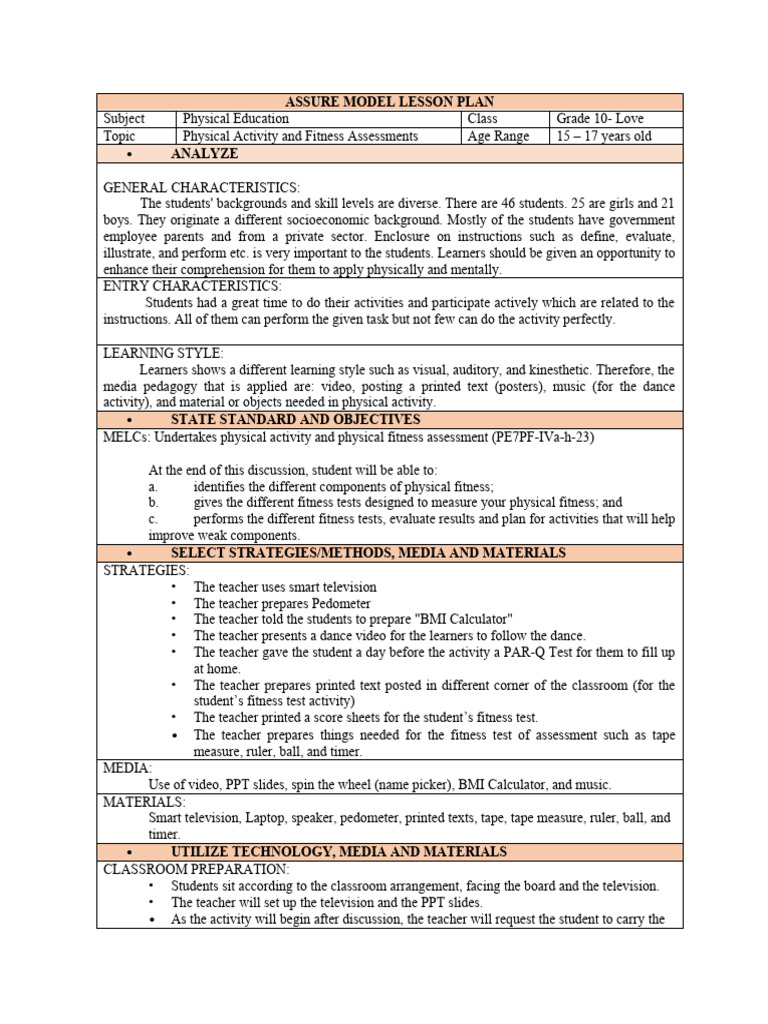 ASSURE-MODEL-LESSON-PLAN | PDF | Lesson Plan | Learning Styles