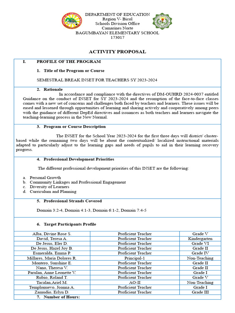 Inset Proposal 2023-2024 | PDF | Teachers | Learning