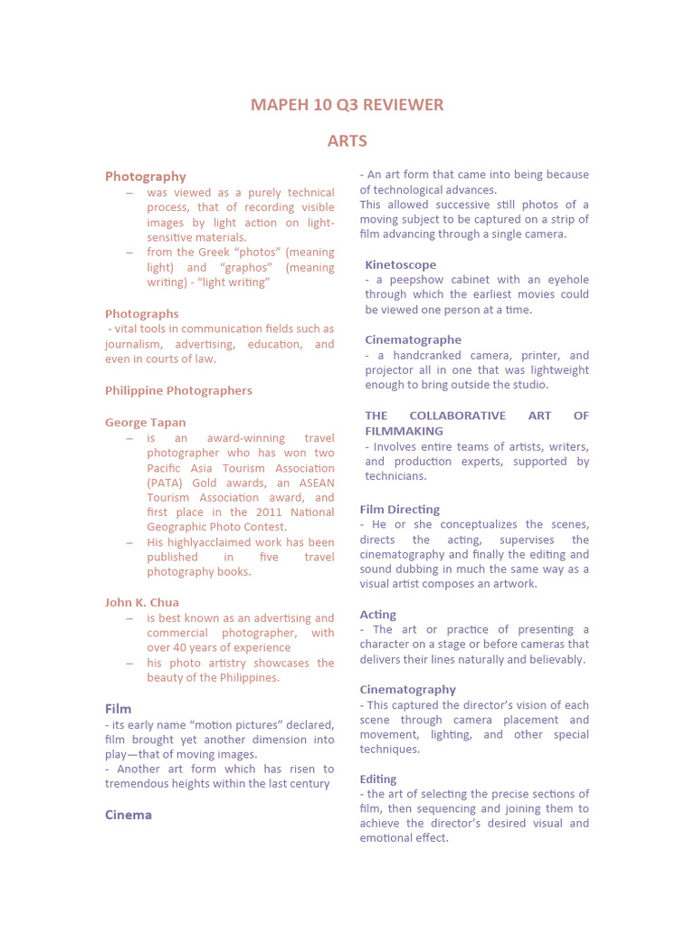 Mapeh 10 Q3 Arts Reviewer | PDF | Cinematography | Animation