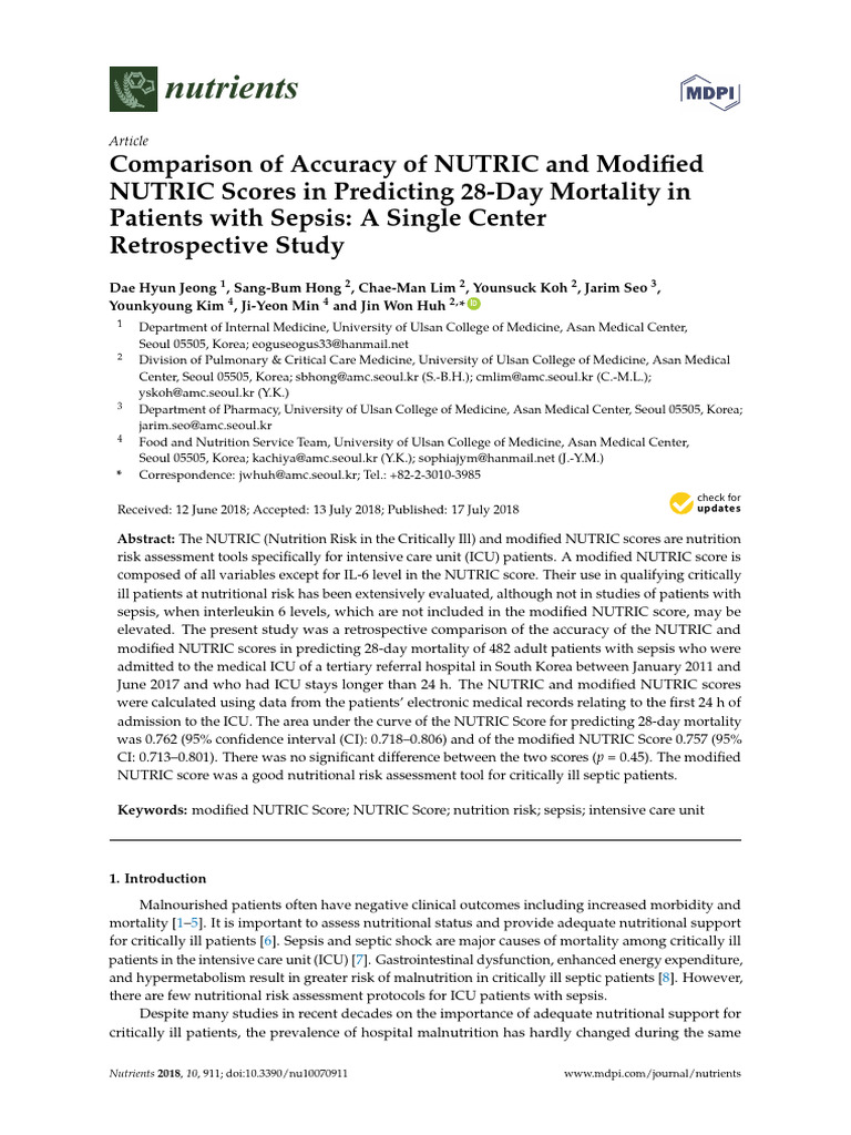 NUTRIC vs Modified NUTRIC Scores in Sepsis | PDF | Intensive Care ...