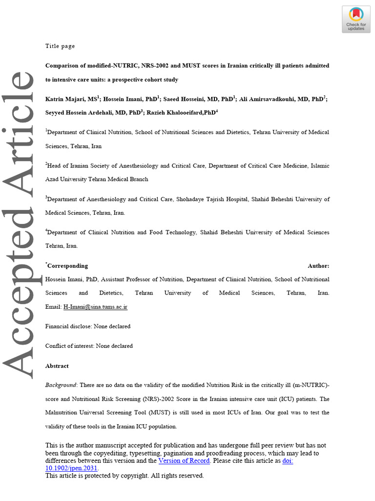 Comparison of Modified-NUTRIC, NRS-2002 and MUST Scores in Iranian ... Comparison of Modified-NUTRIC, NRS-2002 and MUST Scores in Iranian ...