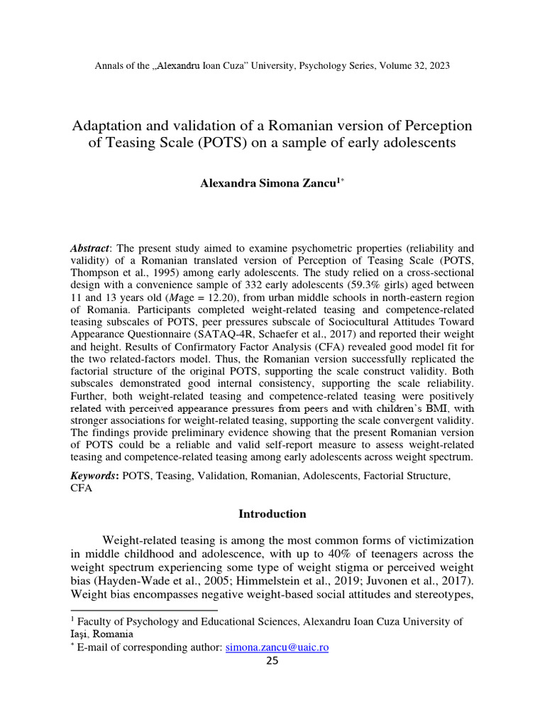 Adaptation And Validation Of A Romanian Version Of Pots Pdf
