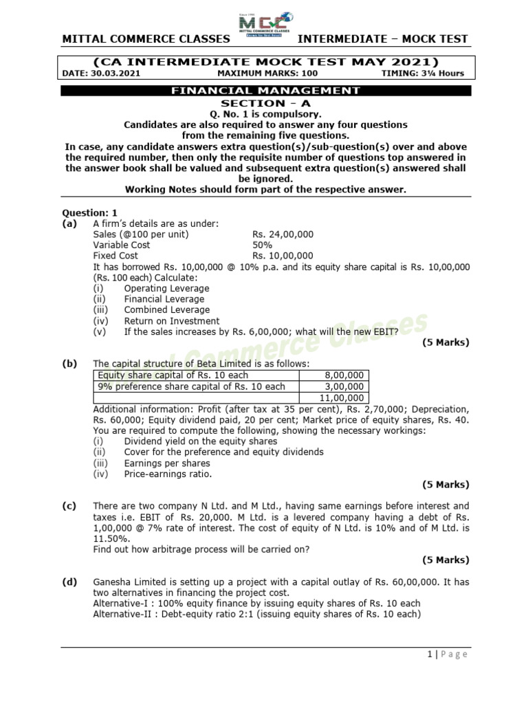 CA Intermediate Financial Management Mock Test | PDF | Stocks | Dividend