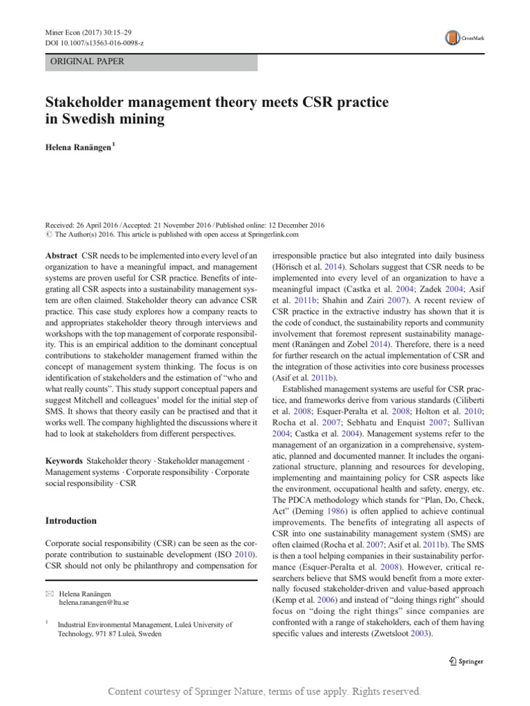 Stakeholder Management Theory Meets CSR Practice I | PDF