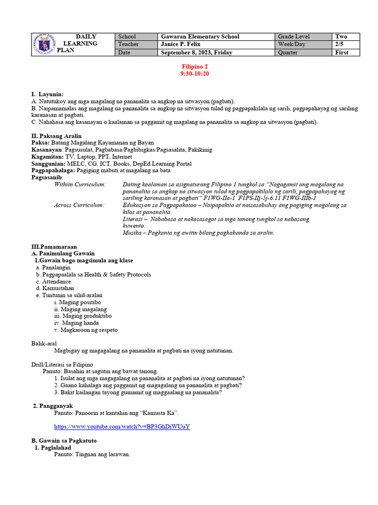 Fil DLP Q1 W2 D5 Sept 8 2023 | PDF