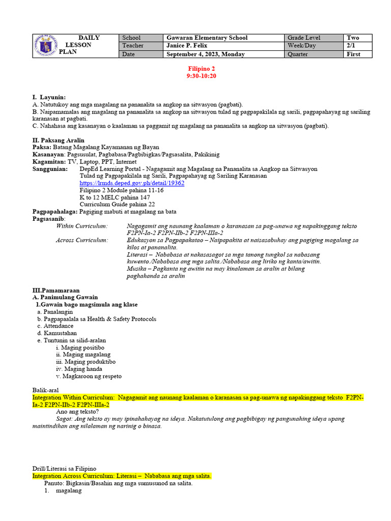 FIL-DLP-Q1-W2-D1-SEPT-4-2023-with DepEd Learning Portal | PDF