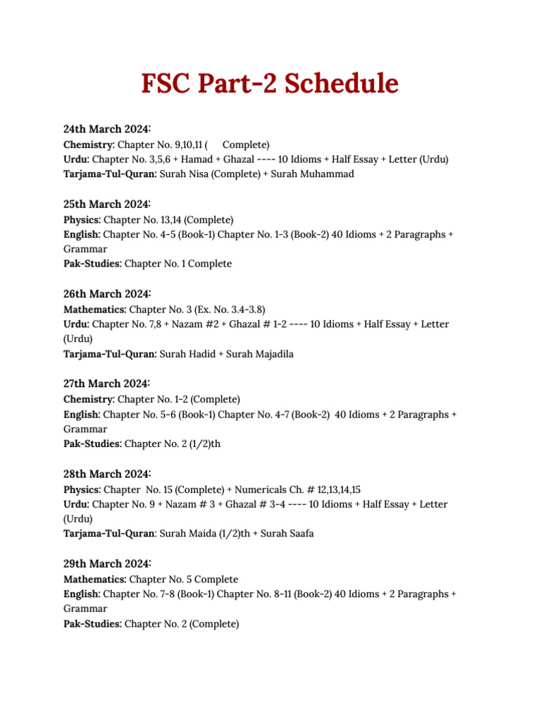 FSC Part-2 Schedule | PDF | Foreign Language Studies