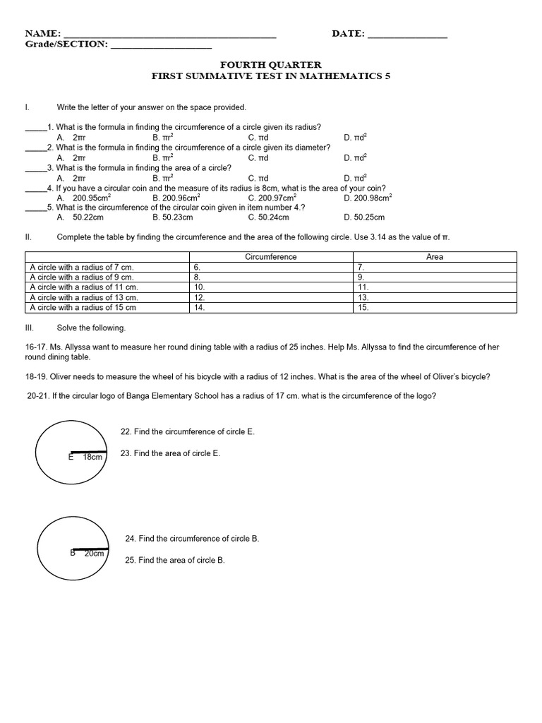 4TH Q. 1ST Summative Math5 | PDF | Area | Circle