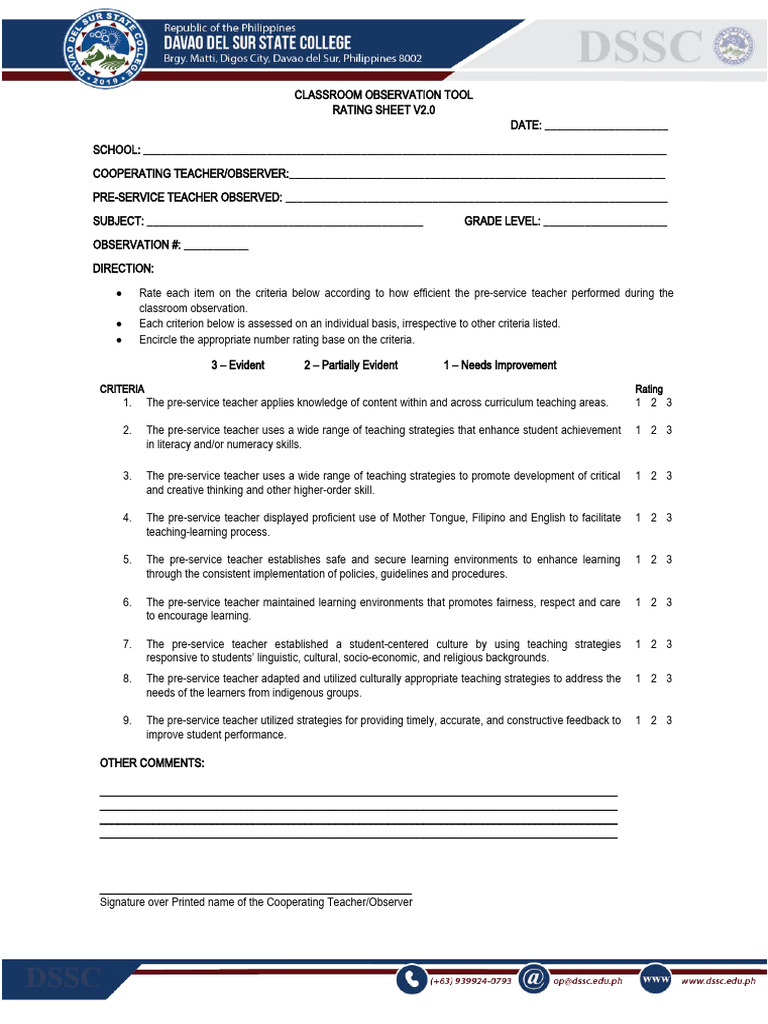 Classroom Observation Instrument V2 | PDF | Teachers | Learning