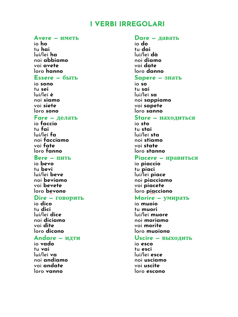 I Verbi Irregolari Al Presente | PDF