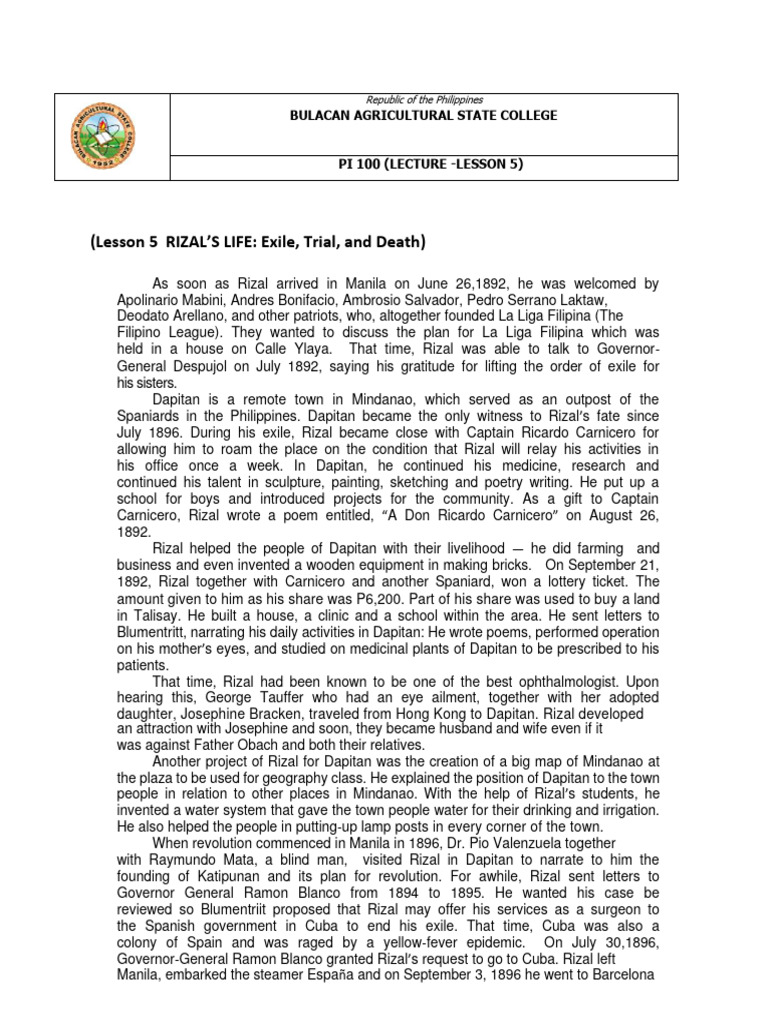 Lesson 5 - Rizal's Life (Exile, Trial, and Death) (PI 100) | PDF Lesson 5 - Rizal's Life (Exile, Trial, and Death) (PI 100) | PDF