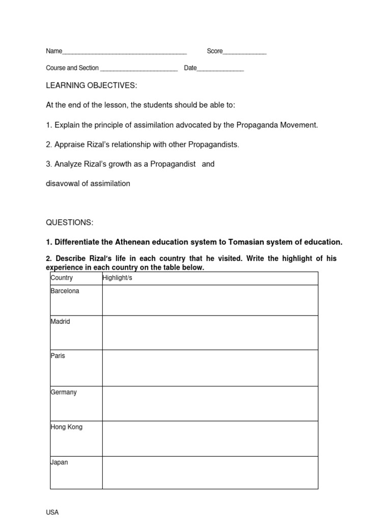 Lesson 4 - Rizal's Life (Higher Education and Life Abroad) (PI 100) | PDF