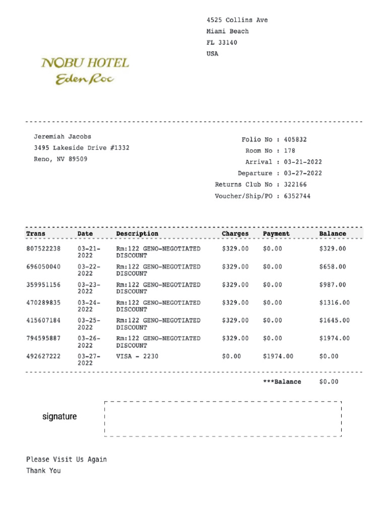 EdenRoc Hotel Invoice | PDF