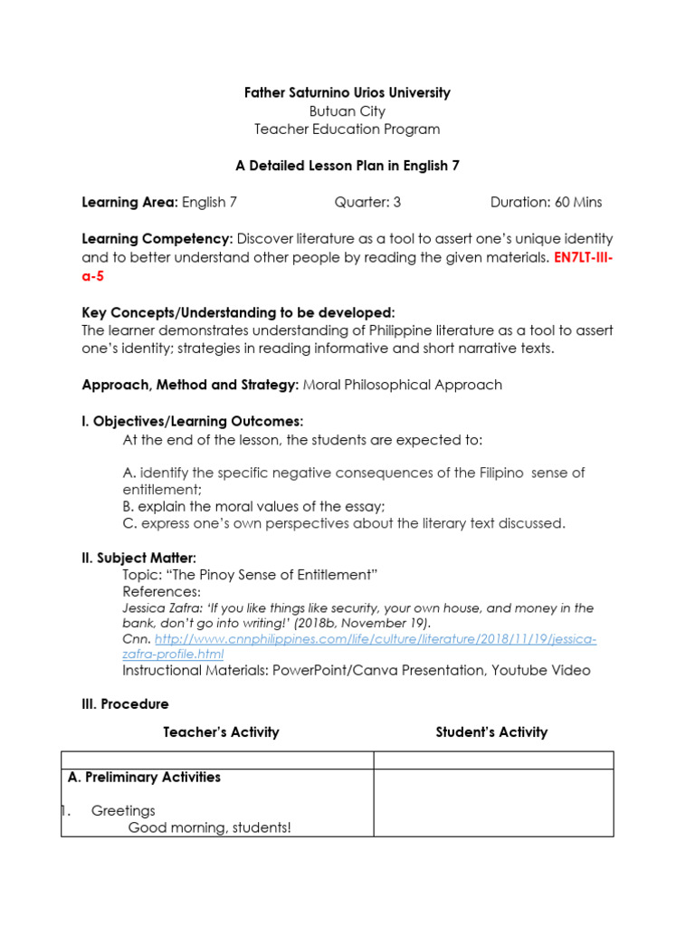 A Detailed Lesson Plan for Teaching Literature (Phil Lit_ | PDF ...