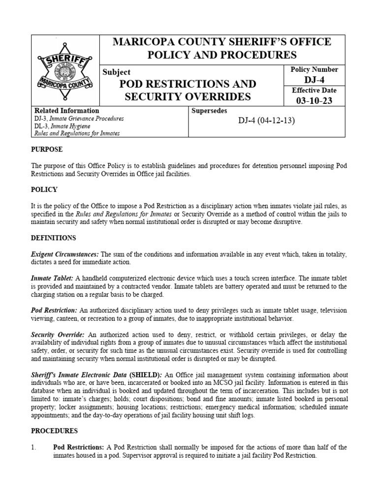 DJ4 Pod Restrictions and S | PDF | Prison | Detention (Imprisonment)